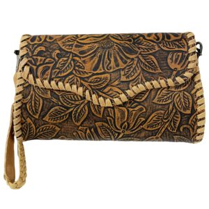 urbalabs western crossbody purse cowgirl handbag genuine leather floral tooled flap clasp tote bag women hand stitched (light brown)