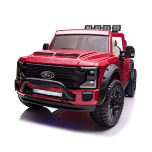 moderno kids ford f450 2 (two) seater 24v power children ride-on car truck with r/c parental remote control + eva foam rubber wheels + leather seat + bluetooth mp3 fm radio music player + led lights