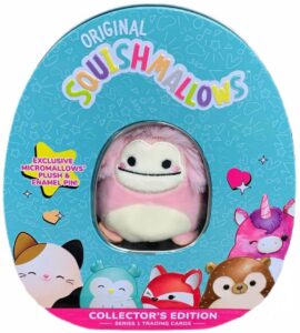 squishmallow official kellytoy collector's tin set with micromallow exclusive pin and trading cads choose your favorite or collect them all (brina the bigfoot)