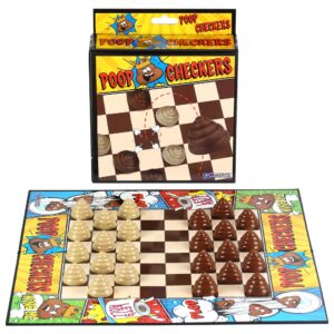 poop checkers game, poo gag gift white elephant, poop game checkers set. poop emoji party supplies, hilarious game, immature people. scout game, kids, teams, 2 player games for adults. ages 8-99.