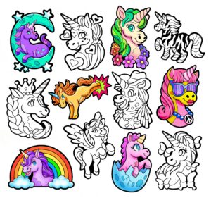 color your own velvet unicorns - 12 pack - beautiful arts and crafts coloring fun for all ages - decorate your room, color with friends, party favors and activities (all unique designs)