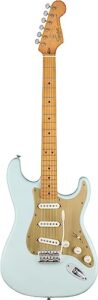 squier 40th anniversary vintage edition stratocaster electric guitar, with 2-year warranty, satin sonic blue, maple fingerboard