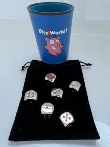 set of 6 dice world solid zinc alloy metal dice (16mm) with synthetic leather dice world cup (red pips)