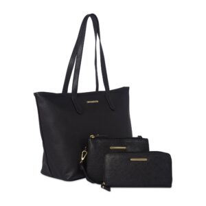 time tru women's faux leather vegan 3-piece handbag set tote, wristlet and wallet (black saffiano)