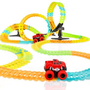 race car track toy for kids, 200pcs flexible tracks of glow in the dark with 1 led light-up race car for 3 4 5 6 7 years old boys girls toddler, 19ft train track set can be build in various ways