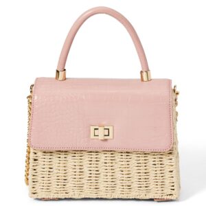 like dreams women hand-woven straw crossbody faux croc vegan leather upper floral inner summer crossbody (blush)