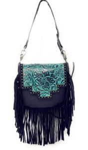 western genuine leather floral tooled fringe womens crossbody bag 3 color (turquoise/black)