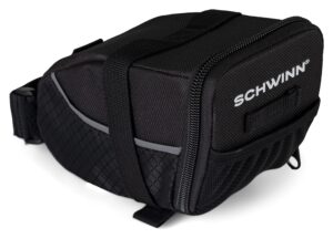 schwinn bike bag, pannier and storage, easy to attach, hold cell phones, snacks, wallet, mounted bicycle accessories seat pack, black