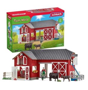 schleich red barn playset with cows, farmer, tractor, and farm life accessories - 27-piece set for kids ages 3+