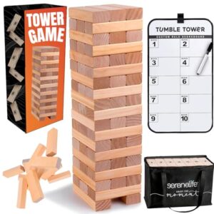 serene life 56 pcs giant tumble tower game - non-toxic pine wooden stacking timber blocks set with zippered carrying bag, book scoreboard - classic jumbo wood block outdoor game for kids and adults