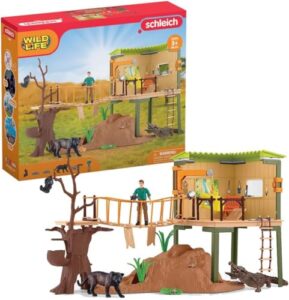 schleich wild safari ranger adventure station wildlife action playset - safari animals tree toys playset with alligator, panther, safari base, guide figurine, and more, gift for boys and girls ages 3+