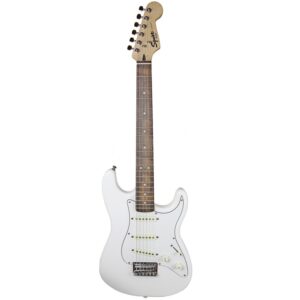 fender squier short scale 24-inch strat electric guitar with frontman 10g amp, strap and picks - olympic white