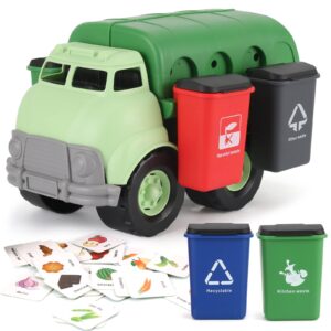 liberty imports big plastic garbage truck toy, waste management recycling green dump vehicle with 4 trash cans and recycle sorting cards for little kids, toddlers