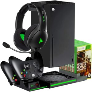 stand for xbox series x, dual controller charging station with 2 rechargeable battery pack, 10 game slots & headphone holder for xbox series x (dark black)