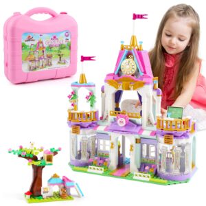 girls princess castle building blocks , 667pcs dream castle building blocks toys pink palace,creative roleplay toys birthday gifts with storage box for kids girls 6 7 8 9 10 11 12 years old