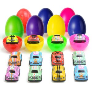 yimipher 12 filled easter eggs with pull back cars, toy prefilled plastic easter egg for kids, easter hunt party favors basket stuffers, easter goodie bags fillers