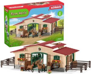 schleich horse barn and stable playset - award-winning riding center 96 piece set, 2 pony toys, rider figurine, and farm accessories, for girls and boys 3 years old and above