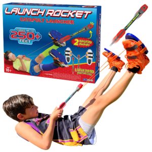 funwares sky flight launch rocket for kids, giant slingshot catapults whistling foam rockets over 250 feet, 100% kid powered outdoor fun