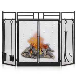 tangkula 3-panel folding fireplace screen with magnetic hinged doors, fire spark guard with fireplace tools set, wrought iron decorative mesh cover with wood burning stove accessories, black