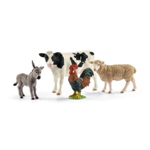 schleich farm world - starter set, includes 4 x collectible toy farm animals, cow, sheep, donkey foal and rooster farm animal toys for kids ages 3+