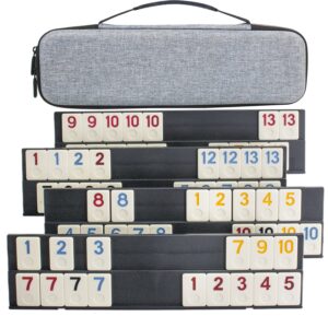 rummy tiles game, rummy cube travel game set outlasting color with 4 anti-skid rack & convenient eva hard case