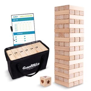 giantville giant tumbling timber toy - premium pine wood life-size blocks tower - big floor/board indoor/outdoor yard game for kids & adults - 54-pieces + dice + carry bag - grows to almost 4-feet