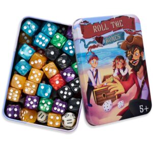 roll the bones dice game for kids, fast-paced dice game for family game night, 2-6 players aged 5+, pirate dice kids games, fun family game for adults and family, easy to learn