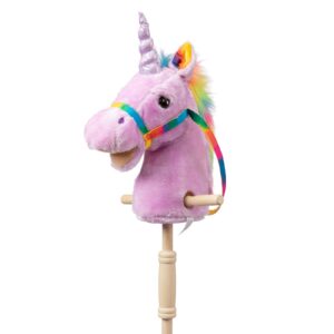 hollyhome unicorn stick horse handcrafted hobby horse on a stick with wood wheels real pony neighing and galloping sounds plush unicorn toy purple 36 inches(aa batteries required)