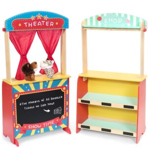 rundad wooden puppet theater bonus 2 hand puppet, double-sided lemonade stand & puppet show theater for kids, wood deluxe children puppet theatre toy with chalkboard