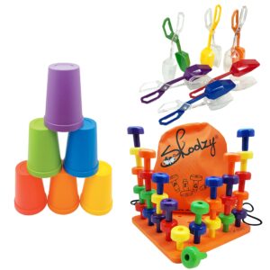 skoolzy peg board set - rainbow stacking cups - scissor tongs for toddlers