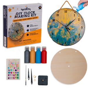 romi's way diy clock kit w round wood, acrylic pouring paint, clock mechanism – kids painting kit - clock kits for do it yourself - unique boys & girls arts and crafts for kids ages 8-12 6-8 and up