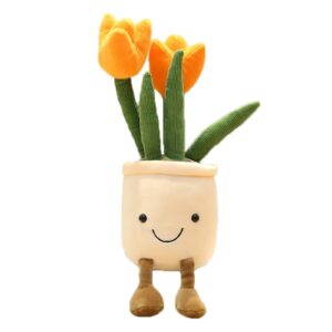 zhidiloveyou tulip plant plush toy, stuffed orange flower pot, kawaii plushie for kids 13.78"