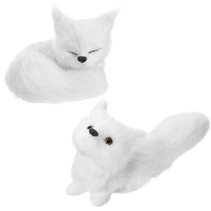 simulation fox toy 2 piece fur fox model stuffed fox ornament static action figures fox squatting sleeping plush mini fox for home office bag decoration 5.5 x 2.76 inch, 3.15 x 2.36 inch (white)