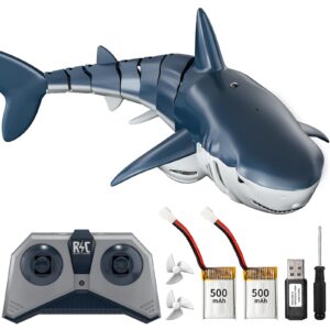 temi remote control shark toys, 1:18 high simulation scale fish with light and spray water for lake bathroom pool christmas birthday gift electric rc boat for kids ages 6+ boys