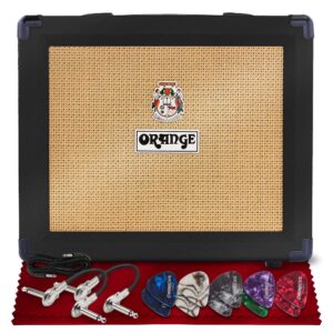 orange crush 20 (black) guitar amplifier, twin-channel 20w amp (crush20) high gain preamp design, cabsim loaded headphone output + bundle xpix cables, guitar picks, & fibertique cloth