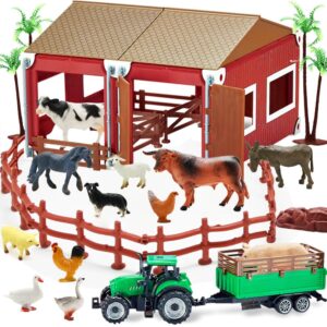 bolzra mini barn farm toys playset, 66pcs plastic animals figurines and fence farm playset, farm figures farmer vehicle toy truck with trailer for 3-12 years old kids boys girls toddlers