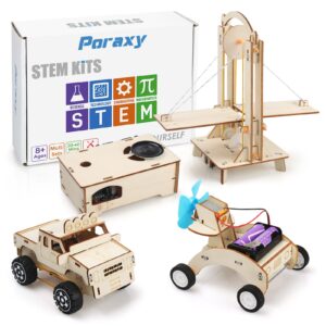 4 set stem kits, science experiment stem projects for kids age 8-12, model car kit, educational building kits,3d wooden puzzles, diy stem toys, birthday gift for boys and girls ages 8 9 10 11 12