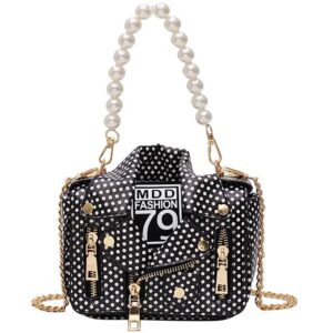 classic polka-dot style cross body bag for women with pearl band, pu leather hip-hop style chain handbags (black)