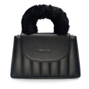 fall summer solid color vegan pu leather crossbody/top handle fur bag (black)