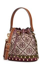 tory burch women's t monogram jacquard studded bucket bag, claret, red, print, one size