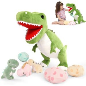 morismos dinosaur stuffed animal with babies,23.6'' big t-rex mommy stuffed dinosaur with 3 baby dinosaur plush toys, 3 dinos eggs,boy girl dinosaur toys for kid birthday christmas,green t-rex toys