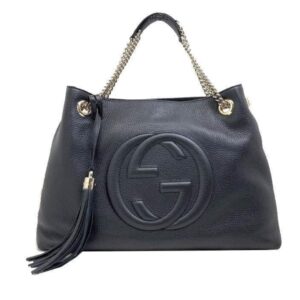 gucci soho black gg logo leather chain tote bag style 536196