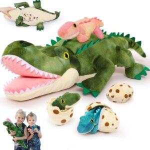 morismos plush alligator stuffed animal with baby alligators,23.6'' mommy stuffed alligator with 3 baby crocodile stuffed animals & 3 plush eggs,lifelike alligator toys for kid birthday