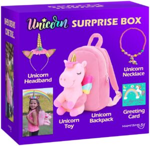 unicorn gifts for girls in a surprise box with a unicorn plush,unicorn backpack, unicorn necklace,unicorn headband and greeting card,kids toys,birthday girl present set stuffed animal,toddler baby bag