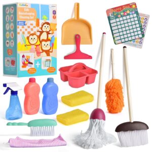 15 pcs kids cleaning set, play cleaning toy set includes broom, mop, brush for toddlers, child size pretend play house cleaning set, housekeeping supplies, learning toys, birthday gifts