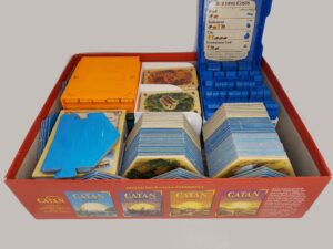 organizer insert compatible with catan base game, seafarers, and both 5-6 player extensions with player trays and card holder - white hexes holder/card tray