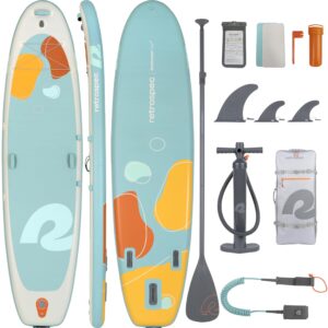 retrospec weekender-yogi 10' extra wide inflatable stand up paddleboard isup bundle w/ paddle board carrying case, aluminum paddle, removable fins, pump & phone case