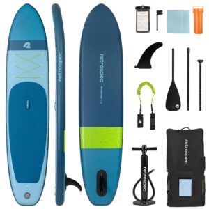 retrospec weekender-tour 11' inflatable stand up paddleboard isup bundle with carrying case, 3 piece adjustable aluminum paddle, 3 removable fins, pump, and cell phone case