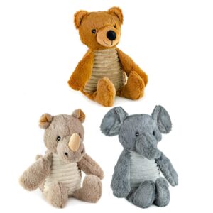 giftable world safari pet plush toy with squeaker (bear, rhino, elephant)