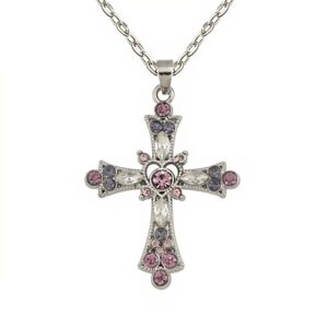 pink crystal cross pendant necklace gothic punk indie cross zircon choker for egirl eboy woman